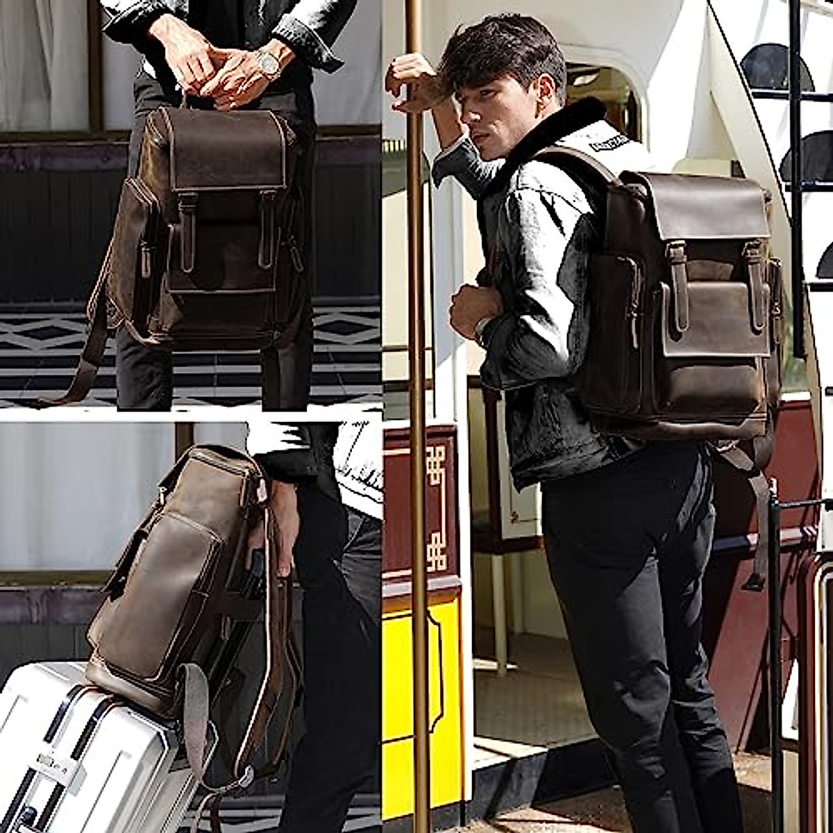 Masa Kawa Leather Backpack for Men 15.6 Inch Laptop Computer Bag Large Vintage Hiking Daypack Business Travel Rucksack, Brown