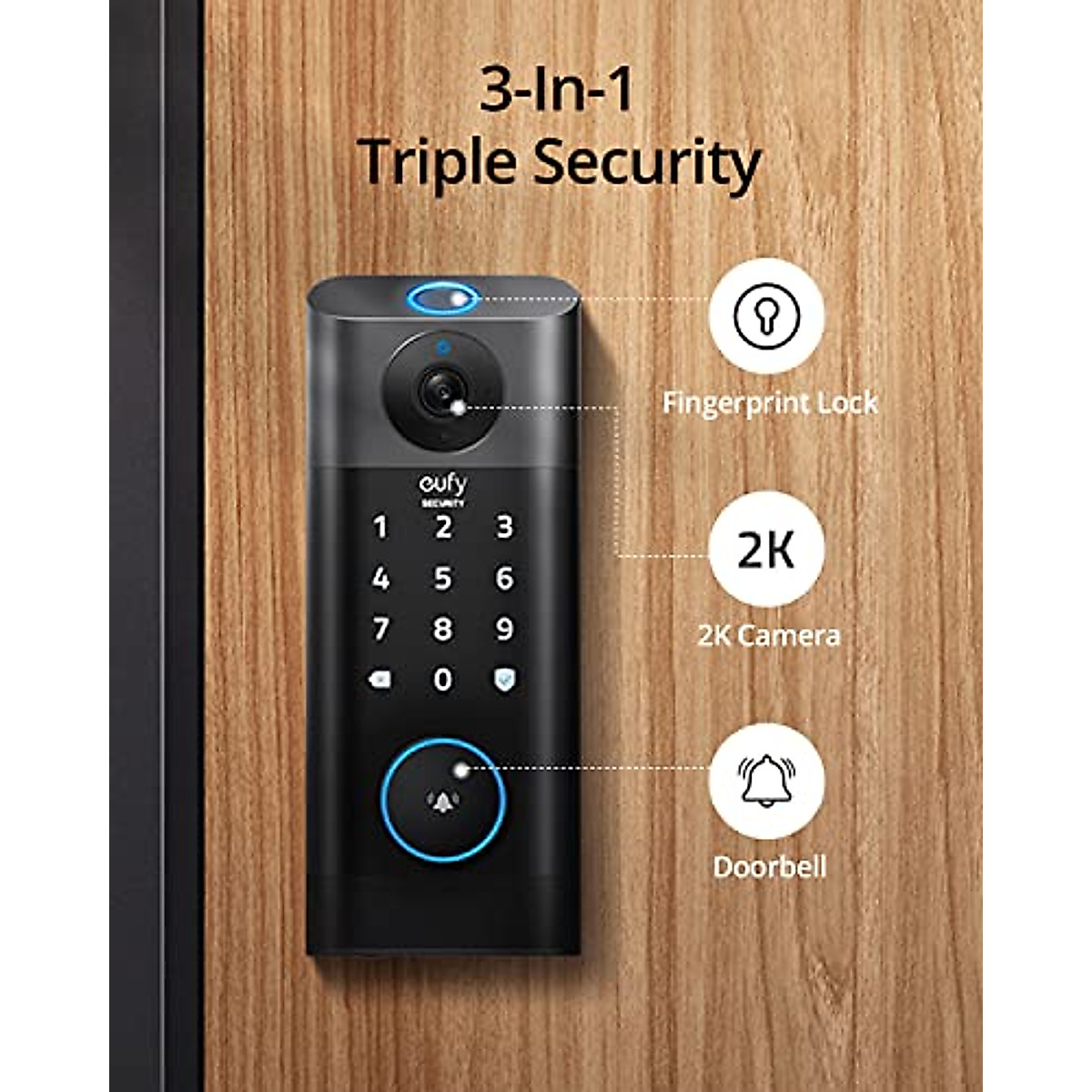 eufy Security S330 Video Smart Lock, 3-in-1 Camera+Doorbell+Fingerprint Keyless Entry Door Lock,BHMA, WiFi Door Lock,App Remote Control,2K HD,Doorbell Camera with Chime,No Monthly Fee,SD Card Required