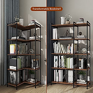 Tohomeor Bookshelf 5 Tier Deformable Corner Bookcase Free Standing Modern Industrial Book Storage Display Book Shelf for Bedroom Living Room Study Room Office (Brown)
