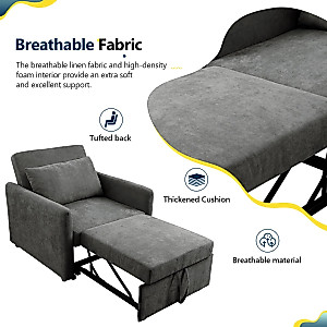Mlxgoie Convertible Sofa Bed Chair, 3-in-1 Multi-Functional Sleeper Single Futon Chair Bed with Modern Linen Fabric & Tufted Pillow for Compact Living Room, Apartment, Dorm - Grey