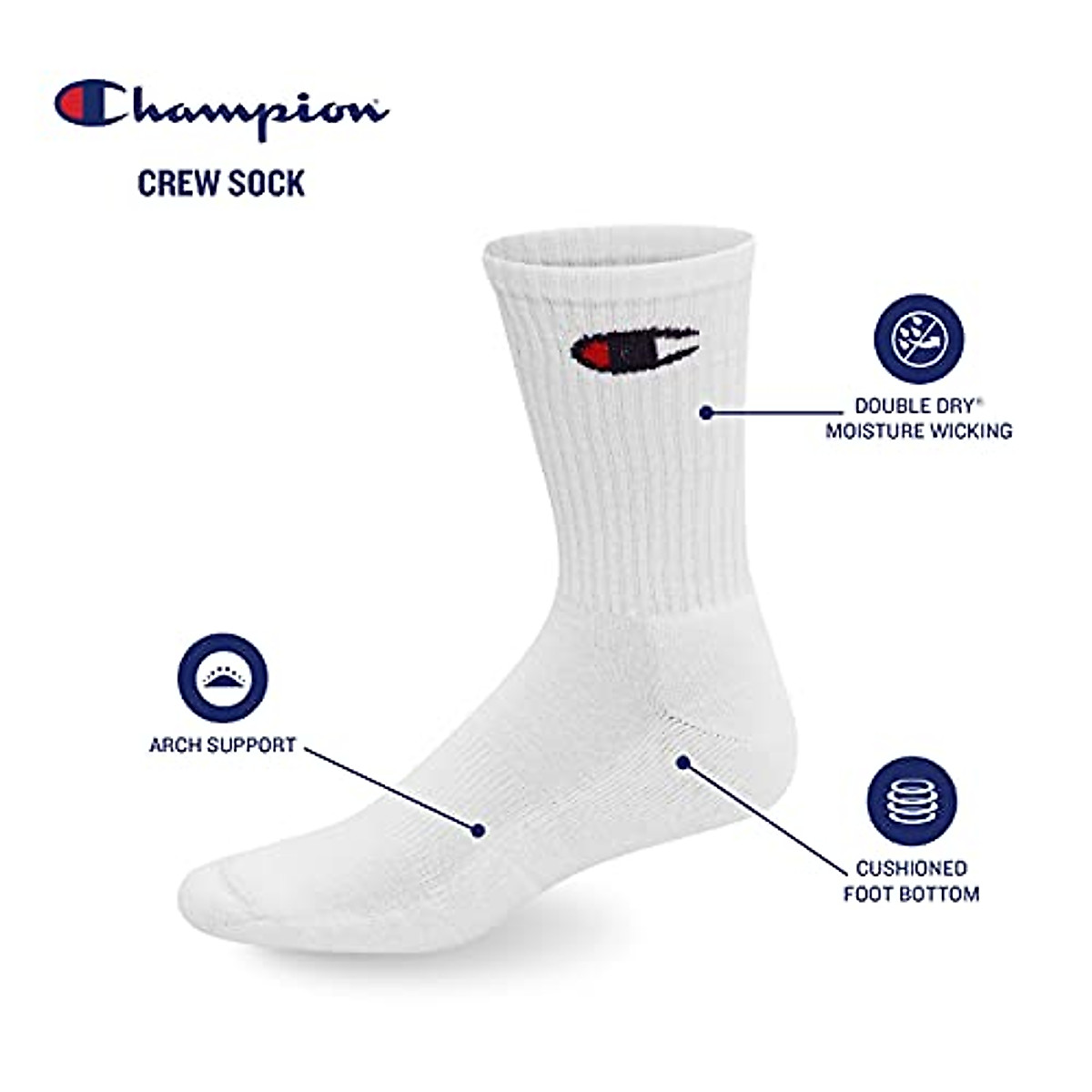Champion mens Double Dry Moisture Wicking Logo 6 Or 12 Pack Crew Casual Sock, White Ankle C (6 Pack), US