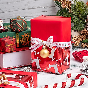 WRAPAHOLIC Reversible Christmas Wrapping Paper - Mini Roll - 17 Inch X 33 Feet - Red Reindeer and Solid Red Design with Metallic Foil Shine for Chrsitmas, Holiday, Party Celebration