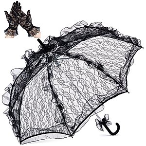Amylove Lace Parasol Umbrella and Lace Gloves Set Wedding Bridal Umbrella for Decoration Tea Party Costume 31.5 Inch Adult Size(Black)