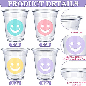 meekoo 100 Pack Preppy Smile Face 12 oz Clear Plastic Cups Bulk Disposable Drink Cups Cute Pastel Smile Face Disposable Preppy Bachelorette Theme Birthday Party Favors Events Picnic Travel