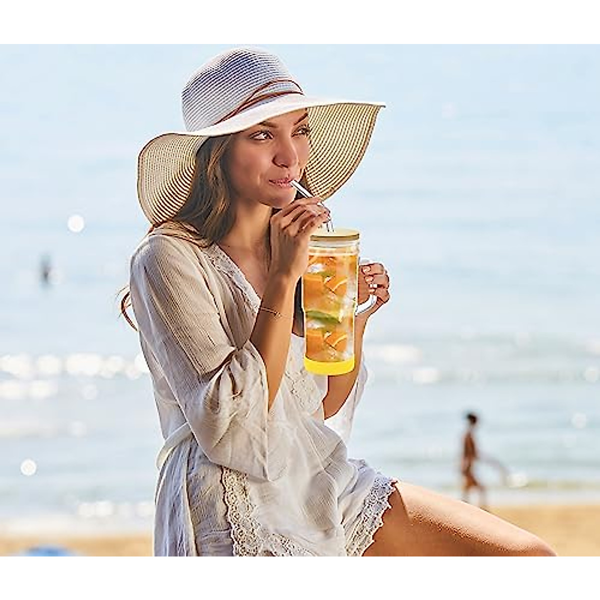 4-Pack 24oz Glass Tumbler Cups with Handle, Bamboo Lids, and Straws - Reusable Mason Jar Drinking Glasses for Iced Coffee, Smoothies, Beer, Juice, and Tea