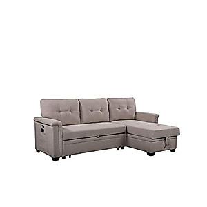 GLANZEND L-Shape Reversible Sectional Sofa with Storage Chaise, Linen Couch Pull Out Sleeper Bed with USB Charging Ports and Side Pocket for Living Room, Apartment, Dorm, Light Gray, 57Inch