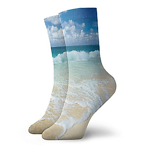 Wave Funny Compression Socks Women and Men,Beach With Foamy Waves On Empty Sea Shore Holiday Theme Serene Coastal,Best for Circulation,Running,Athletic,Nurse,Travel,Blue White Sand Brown -12 inch