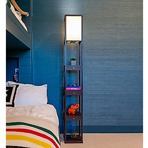 Brightech Maxwell Drawer Edition - Modern Shelf Floor Lamp with Drawer - Corner Display Floor Lamps with Shelves for Living Room, Bedroom and Office - Havana Brown