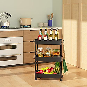 Boeeoan 3 Tier Rolling Utility Storage Cart, Mobile Shelving Organizer with Hooks for Kitchen Bathroom Laundry Room Living Room, Black