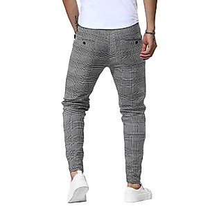 Woenzaia Men's Fashion Slim Fit Plaid Dress Pants Casual Skinny Chinos Pants Stretch Expandable Waist Golf Pants Checkered Travel Slacks(Dark Grey,32