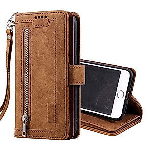 UEEBAI Wallet Case for iPhone 7 Plus iPhone 8 Plus, Retro 9 Card Slots Zipper Pocket Handbag Case PU Leather Magnetic Closure Kickstand with Wrist Strap TPU Flip Case - Brown