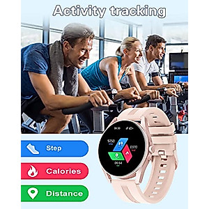 HUAKUA Smart Watches for Women Men (Answer/Make Calls) Compatible with iPhone/Android Phones, Reloj para Mujer Hombre Round Fitness Tracker with Heart Rate Monitor Sleep/Steps Tracker Waterproof Pink