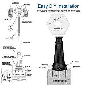 VIANIS Outdoor Lamp Post Light, Dusk to Dawn Triple-Head Waterproof Street Light, Black Pole Lights for Outside Aluminum Anti-Rust, Led Lantern Lamp Fixture for Backyard Driveway Garden Patio Décor