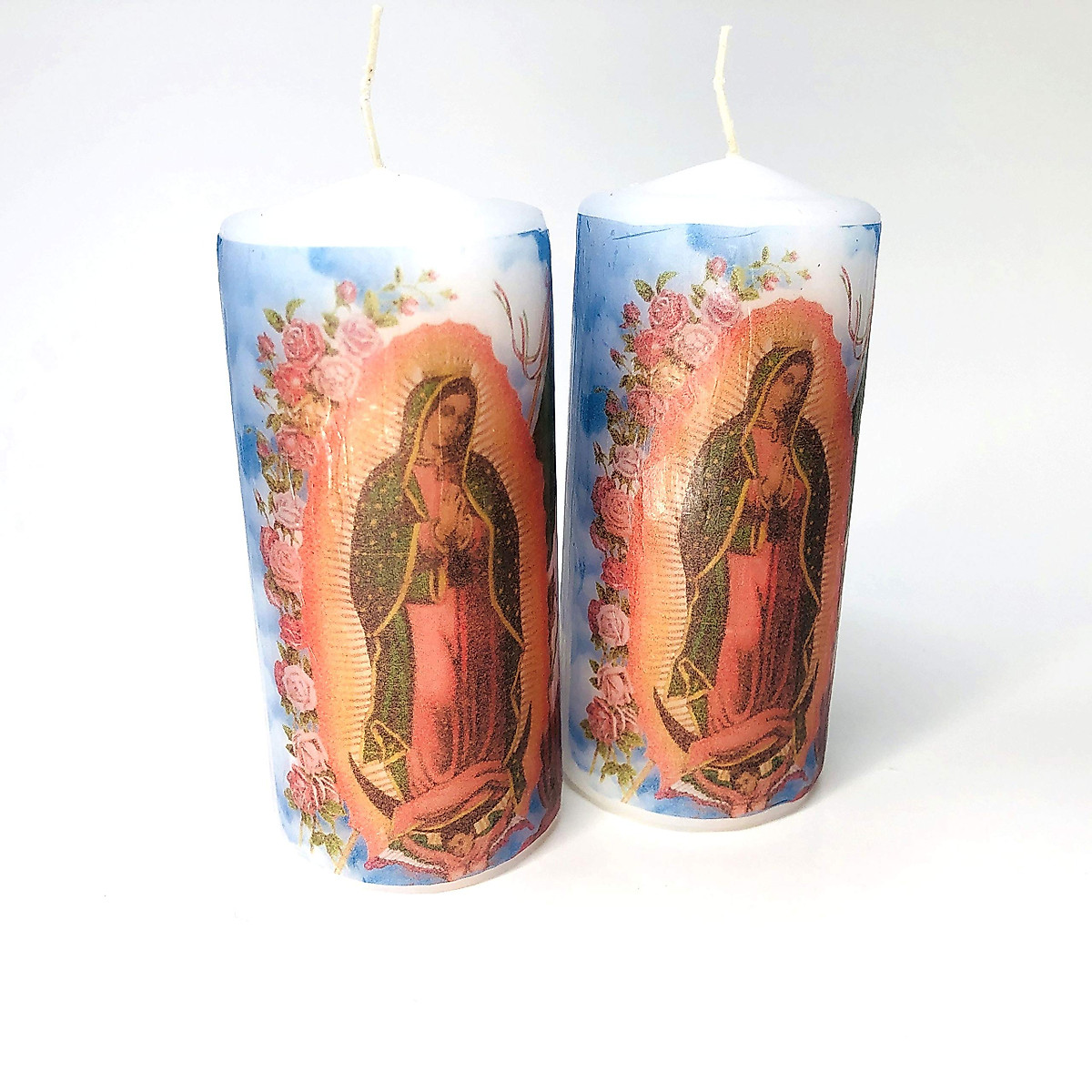 Small Pillar candle set of two pieces size 2 wide by 4 inches tal decoupage Virgen de Guadalupe, traditional image white unscented
