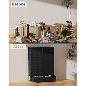 Tall Fabric Dresser for Bedroom, Vertical Storage Organizer Tower with 7 Drawers, Chest of Drawers with Bins, Steel Frame, Wood Top for Bedroom, Closet, Entryway Black