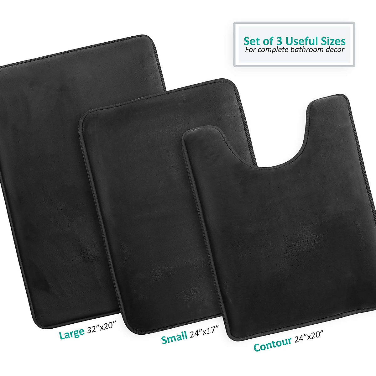 Clara Clark 3 Piece Bathroom Rugs Bath Mat Set, Velvet Memory Foam Bath Mats for Bathroom - Non-Slip, PVC Backing Bath Rugs, Washable Bathroom Rug Mats - Dries Quickly, Black Bathroom Rug Set