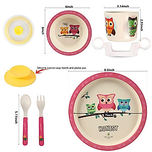 Greentainer 5 PC Kids Toddler Dinnerware Sets Bamboo Toddlers Dishes Set Kids Feeding Plates and Bowls Sets with Sunction and Utensil Flatware Durable & BPA Free