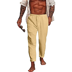 NANAMEEI Linen Beach Pants Men Cotton Pants for Men Casual Pants for Men Beach Trousers for Men Khaki 2XL