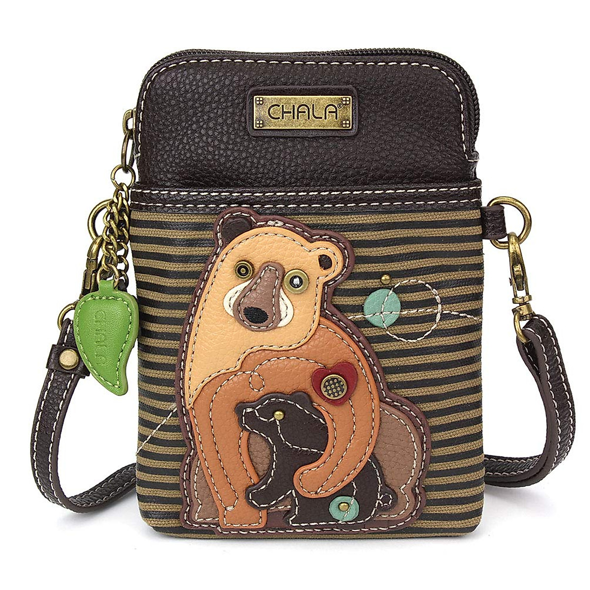 CHALA Cell Phone Crossbody Purse-Women PU Leather/Canvas Multicolor Handbag with Adjustable Strap - Two Bears - olive stripe