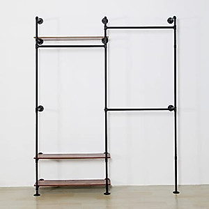 EDCB Clothes Rack Wall Mounted Clothing Rack Wood Garment Rack Hanging Clothes Rack, Heavy Duty Metal Garment Rack, Closet Hanger Rack with Shoe Rack (Black, 92.1X76.8inch)