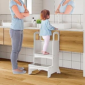 TLGREEN Kids Kitchen Step Stool, Wooden Toddler Tower Kitchen Helper, Toddler Step Stool, Montessori Learning Tower with Support Handles and Non-Slip Mat for Kitchen, Bedroom, White