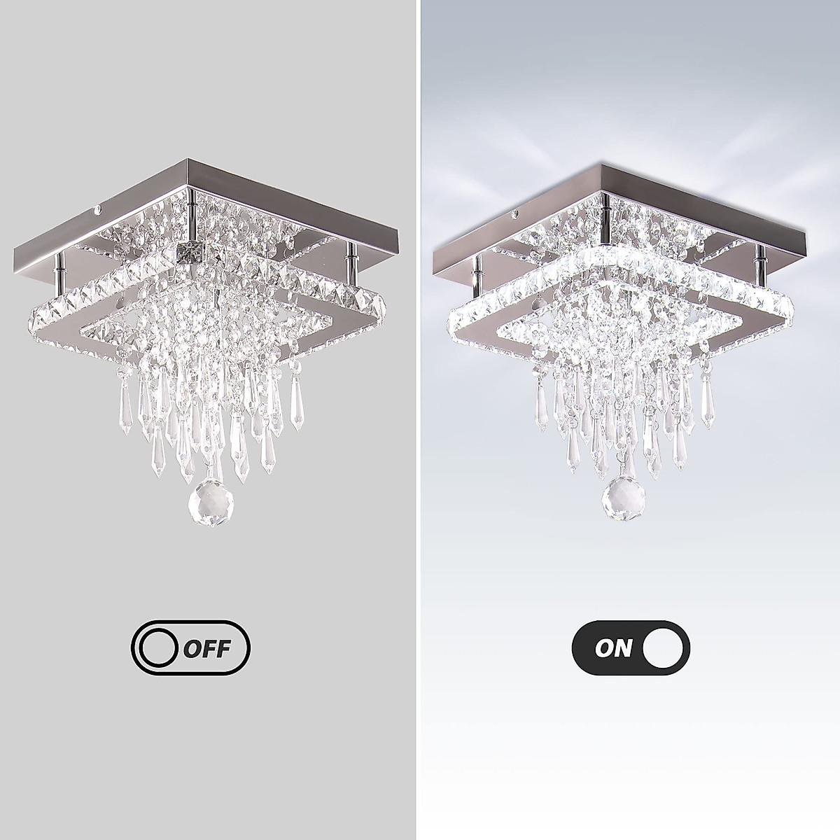 CXGLEAMING Square Crystal Chandelier Modern Crystal Ceiling Light Square LED Chandelier Flush Mount Ceiling Chandeliers for Dining Room Bedroom Hallway Closet (Cool White)