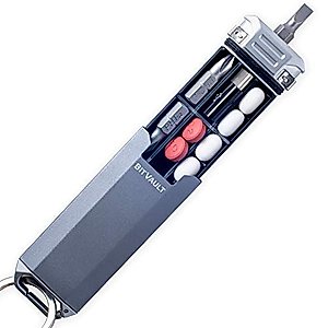 Lever Gear BitVault - Portable Pocket screwdriver & Waterproof Keychain Container - Dual Use EDC Gear is 2 EDC Tools in 1 - Key Chain Capsule Holds Hex Bits for a Keychain Screwdriver (Silver)