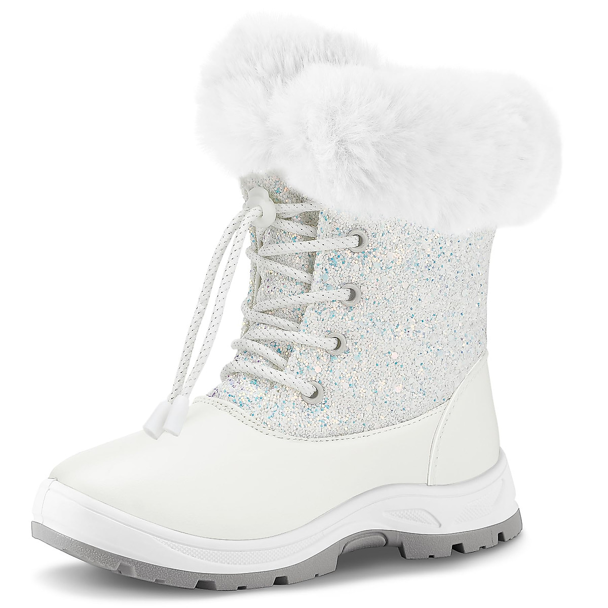 K KomForme Girls Glitter Snow Boots Kids Bungee Lacing Warm Faux Fur-Lined Anti-Slip Outdoor Winter Shoes White Big Kid 2M