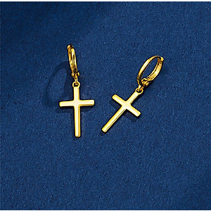 Mens Cross Earrings 24k Yellow Gold Plated Hoop with Snap Closure