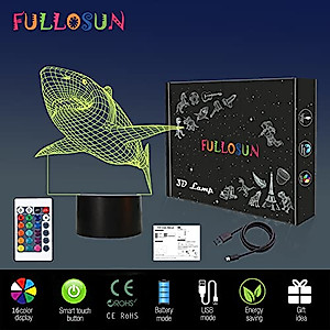 FULLOSUN 3D Illusion Lamp, Shark Night Light with Remote Control Optical Touch 16 Color Changing Desk Lamps Kids Room Decor Festival Birthday Present Gifts for Toddlers Boys Child