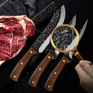 Professional 3 Piece Boning Knife Set, 7" Butcher Knife, 6.5" Meat Cleaver Slicing Knife,5.5" Fillet Knife,High Carbon Steel Hand Forged Chef Knives for Fish, Poultry, Chicken, Kitchen, BBQ Gift