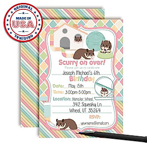 Pet Hamster Themed Birthday Party Invitations for Kids, 20 5x7 Fill In Cards with Twenty White Envelopes by AmandaCreation