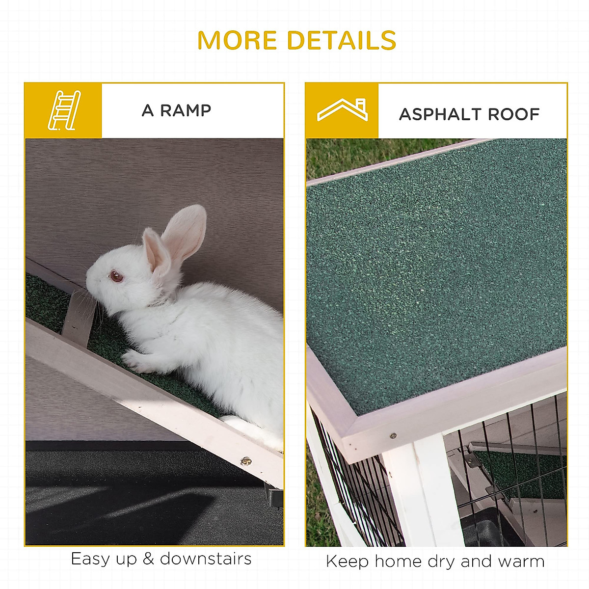 PawHut Indoor or Outdoor Rabbit Hutch with Quick on-The-Go Feeding, Wood Rabbit Cage, Long Hopping Distance, Medium Rabbit Hutch, 4 Door, No Leak Tray, Grey Brown