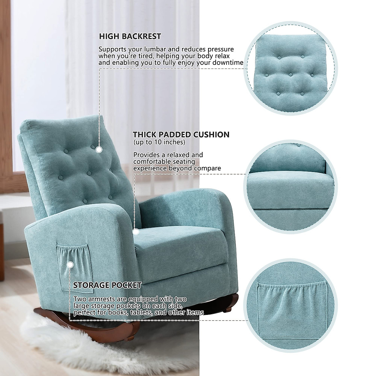 BOSTANA Rocking Chair Nursery,Upholstered Velvet Glider Chair with High Backrest & Rubber Wood Legs & Side Pocket,Rocker Armchair for Livingroom,Bedroom,Lounge,Babyroom