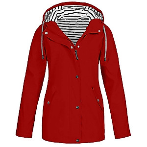 CapsA Women Womens Rain Jacket Outdoor Plus Jackets Waterproof Hooded Raincoat Windbreaker Striped Climbing Hiking Trench Coats