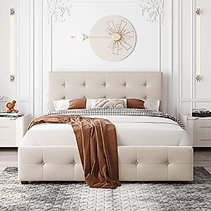 Lostcat Queen Upholstered Bed Frame with 4 Drawers,Linen Fabric Platform Storage Bed with Adjustable Button Tufted Headboard and Solid Wooden Slats Support,No Box Spring Needed,Beige