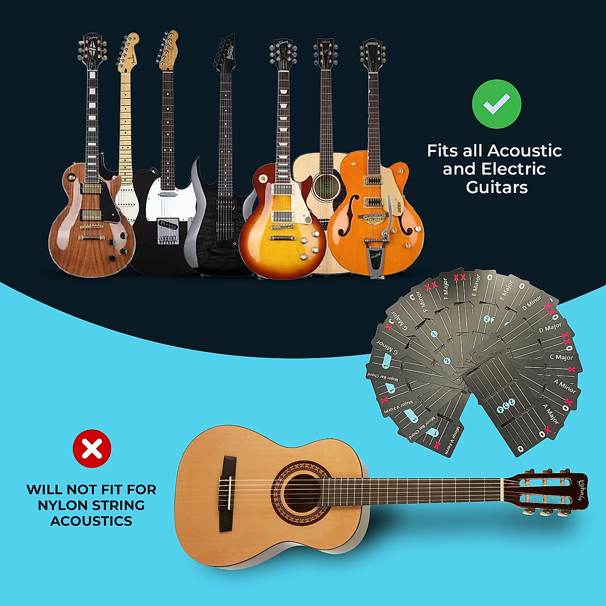 Learn Guitar in Minutes | Cheaper than Guitar Lessons | Card Chords (Fits All Guitars) GUITAR CHORDS allow you to PLAY the ELECTRIC Guitar while the CARD is on the FRETBOARD Made in USA