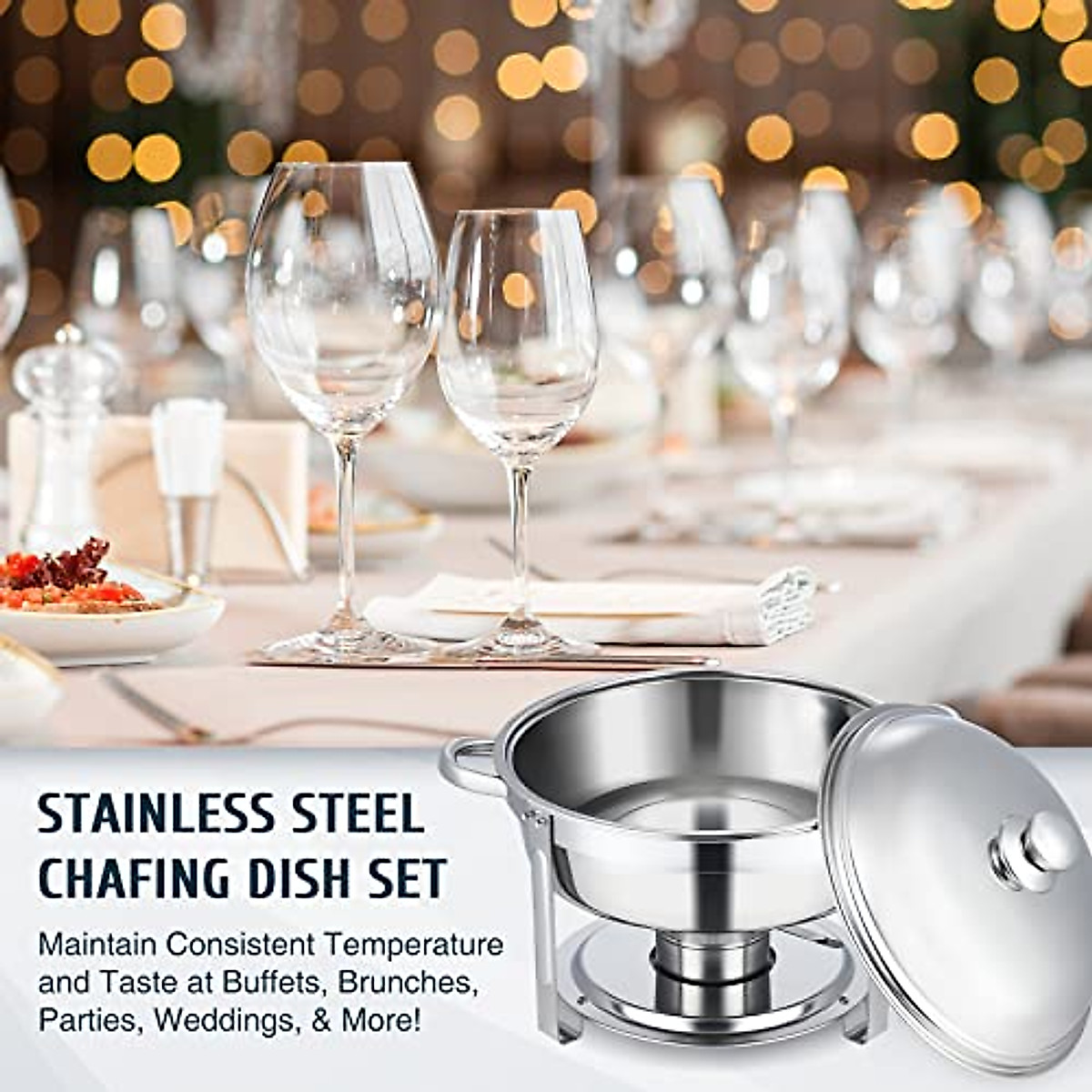CO-Z Chafing Dish Buffet Set of 2, Round Stainless Steel Chafer and Food Warmer Kit with Food & Water Pans Lids Fuel Holders, 5 qt Buffet Serving Utensils for Restaurant Catering Parties Weddings BBQs
