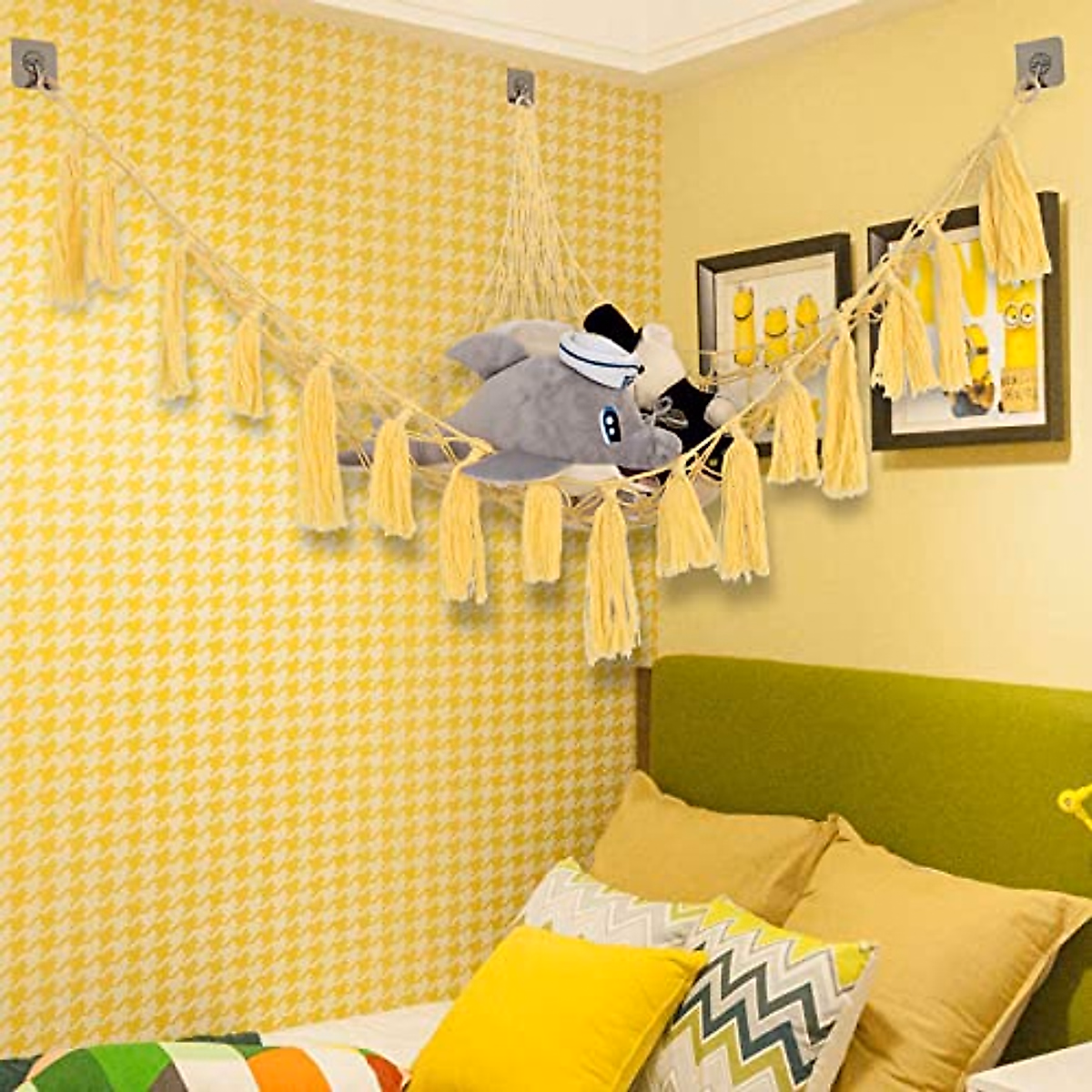 YELIENM Stuffed Animals Net or Hammock with LED Light, 59 inch Toy Hammock Net for Stuffed Animals Corner Hanging Stuffed Animal Storage Stuffed Animal Holder for Nursery Kids Bedroom (Yellow)…