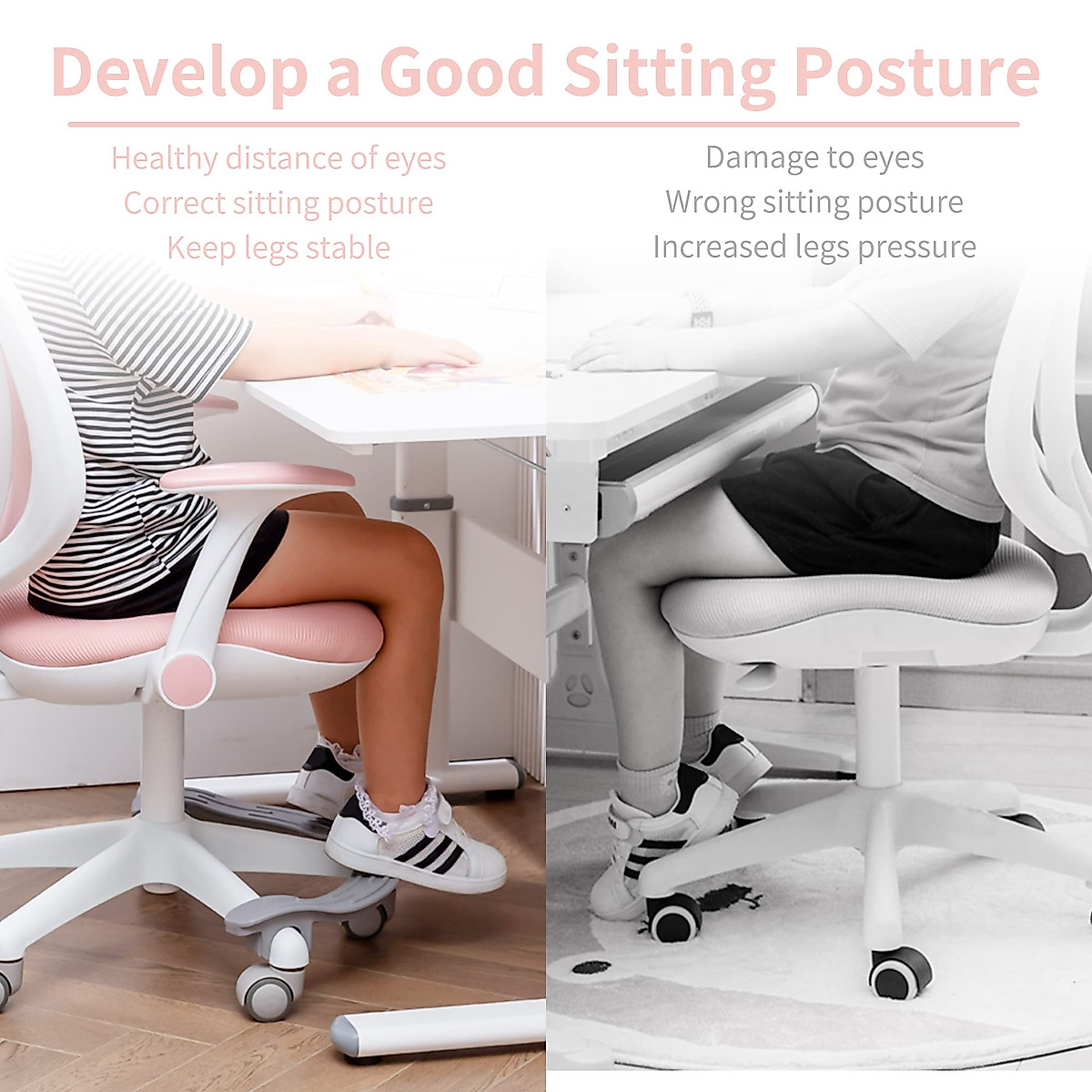 HOMEFUN Kids Desk Chair, Computer Chairs with Armrest and Footrest for Boys Girls Cute Mesh Ergonomic with Adjustable Height Swivel Safe Sit-Locking Casters Pink