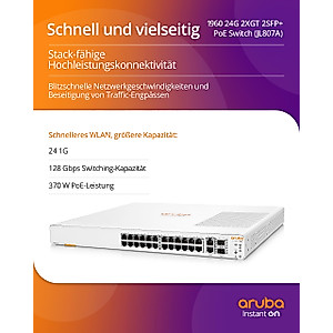 Aruba Instant On 1960 24-Port Gb Smart-Managed Layer 2+ Ethernet Switch with PoE | 24x 1G, 2X 10GBase-T + 2X SFP+ Uplink Ports | 20x CL4 + 8X CL6 PoE (370W) | Stackable | US Cord (JL807A#ABA)