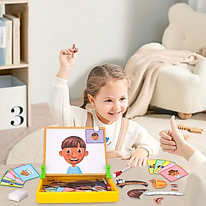 TAKIHON Magnetic Puzzles Toys with Drawing Board,Double Side Magnet Toys,Face Changing&Dress Up Puzzles,Preschool Learning Educational Toy for Kids,Toddlers,Boys,Girls
