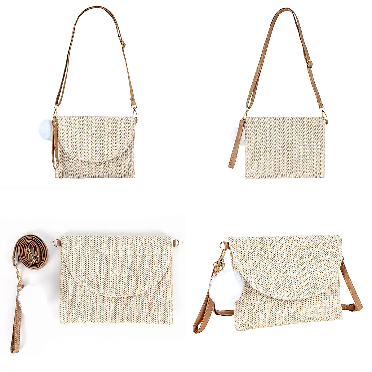 Women Small Straw Woven Cross-body Bag Shoulder Bag Bohemian Beach Envelope Flap Handbag