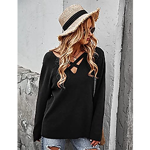 Lrady Womens V Neck Sweater Long Sleeve Casual Loose Fit Tunic Tops Knit Blouse Lightweight Cute Pullover, Black, Small