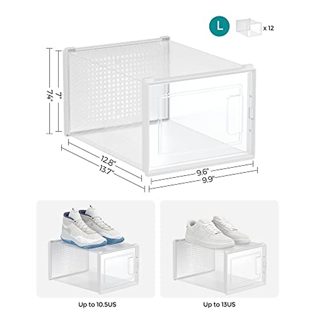 SONGMICS Shoe Boxes, Pack of 12 Shoe Storage Organizers, Stackable Clear Plastic Boxes for Closet, Sneakers, 9.9 x 13.7 x 7.4 Inches, Fit up to US Size 13, Transparent and White ULSP12MWT
