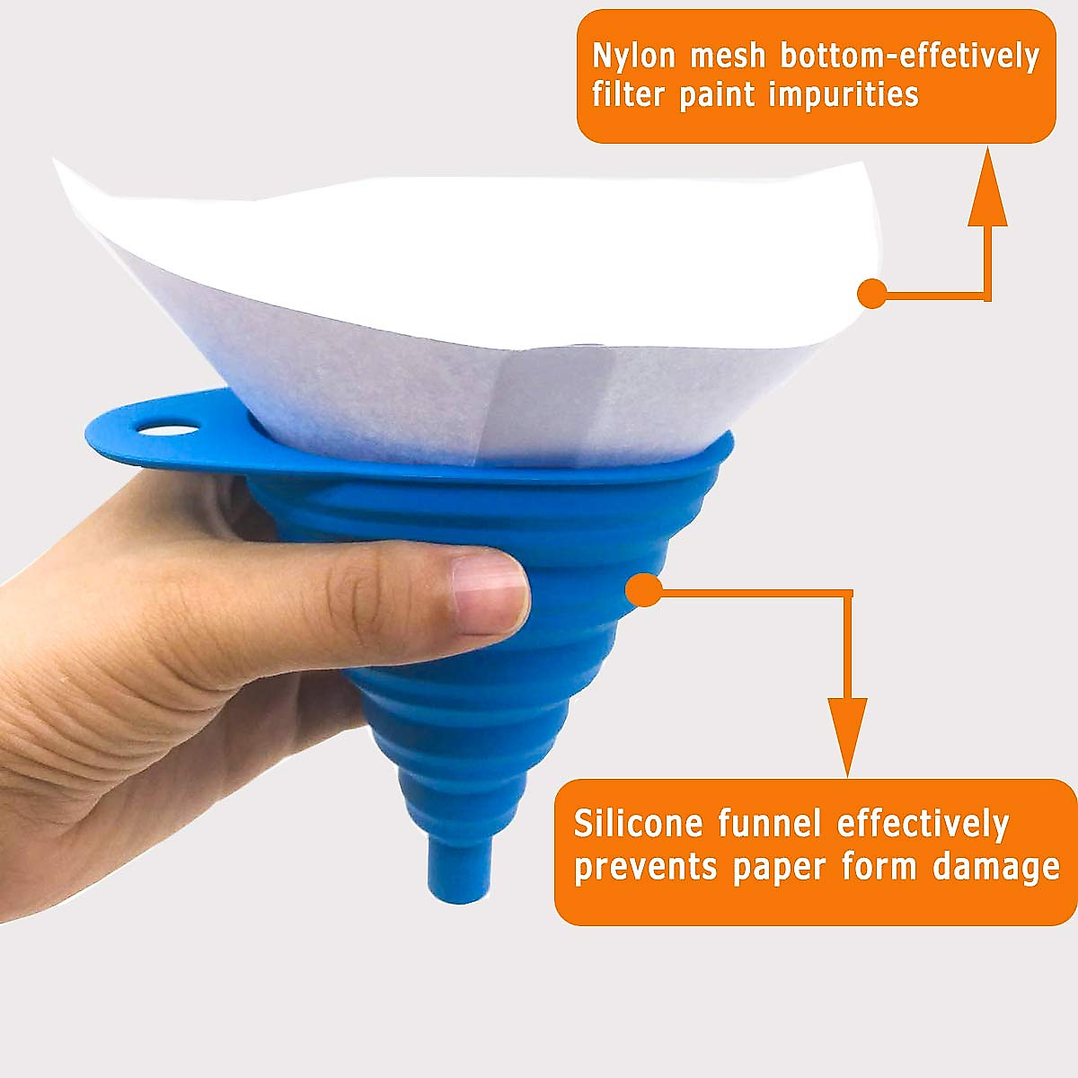 Paint Filter Strainer Cone Silicone Funnel Filter Tip, Paint Cone Paint Strainers Paper Cone Strainers Filter Cone Shaped Fine Nylon Mesh Funnel W/Hooks Disposable(200pcs, 1pcs Silicone Funnel Filter)