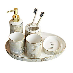 TFIIEXFL Ceramics Bathroom Accessories Set, 4 Piece Bath Ensemble, Bath Set Collection Pattern Soap Dispenser Pump, Toothbrush Holder, Tumbler, Soap Dish