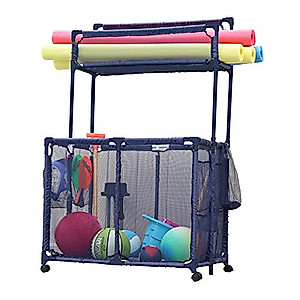 Essentially Yours Pool Noodles Holder, Toys, Floats, Balls, Equipment Mesh Rolling Double Decker Storage Organizer Bin, Large with Noodle Holder, (35.3" W x 23" L x 59.4" H), Blue Style 561935