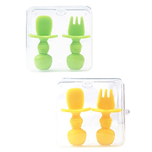4 Pcs Baby Spoons Self Feeding 6 Months, Silicone Baby Spoons First Stage, Toddler Utensils for Baby Led Weaning with 2 Cases (Yellow, Green)