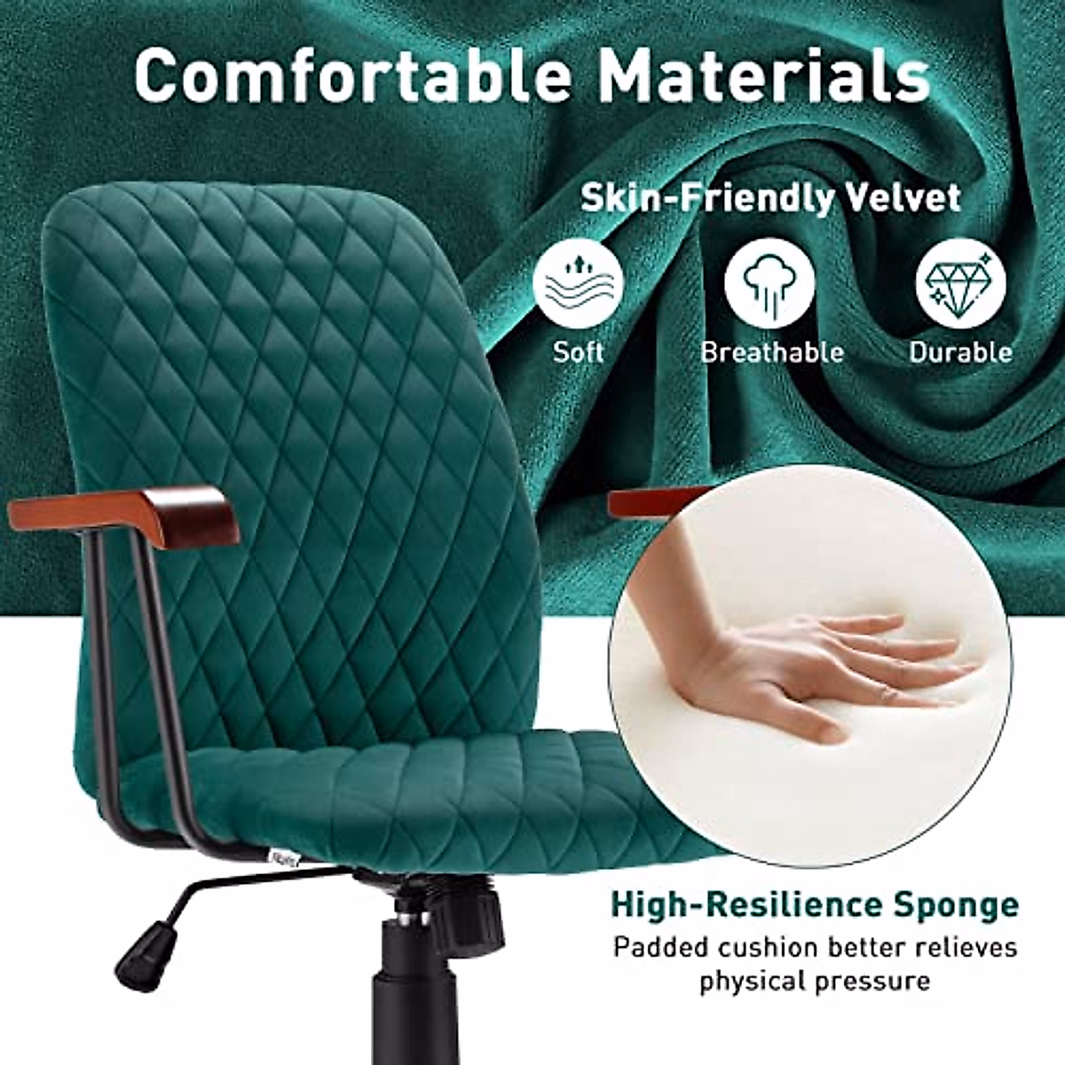 Velvet Home Office Desk Chair with Wooden Armrests, Adjustable Swivel Vintage Mid-Back Leisure Chair with Padded Seat, Task Chair Upholstered Computer Chair for Work Study (Green)